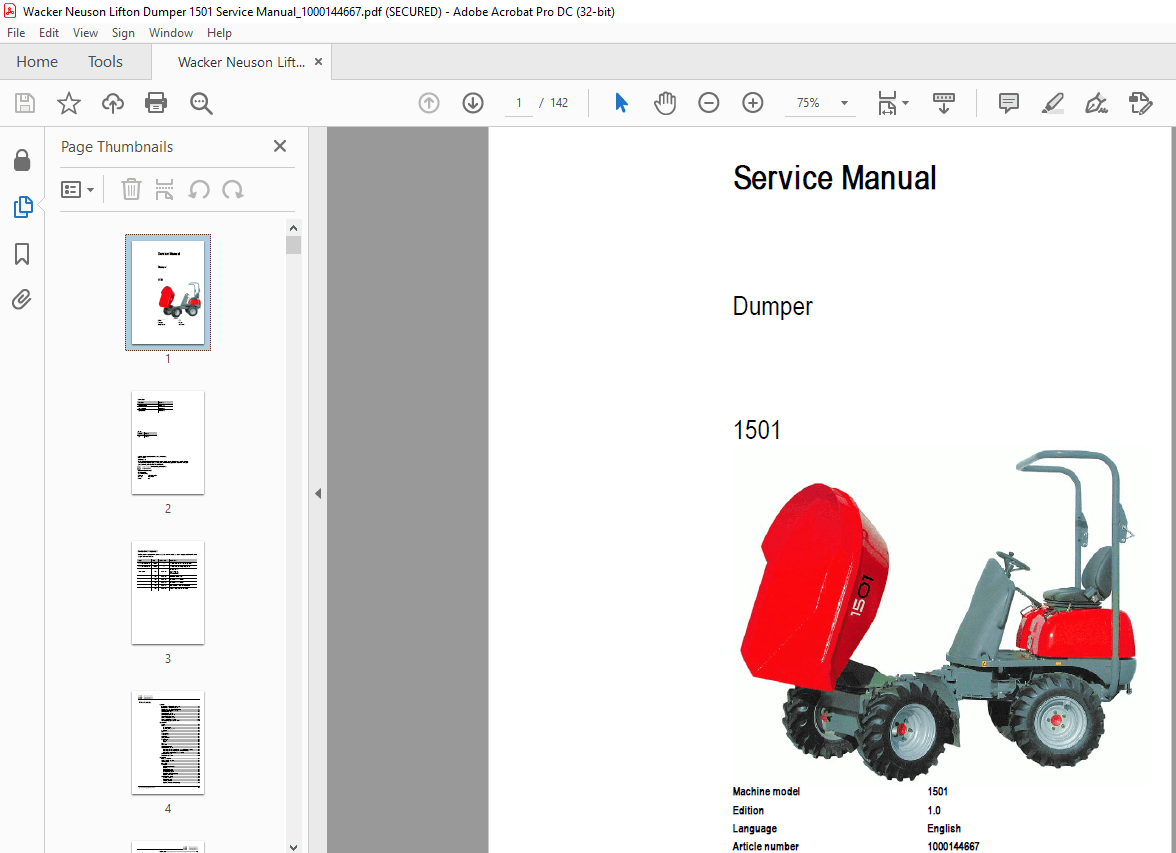 Wacker Neuson Lifton Dumper 1501 Service Manual_1000144667 – PDF DOWNLOAD