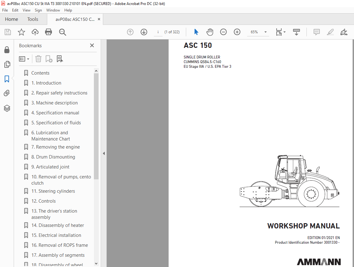 Ammann ASC 150 Single Drum Roller Workshop Manual 3001330 - PDF