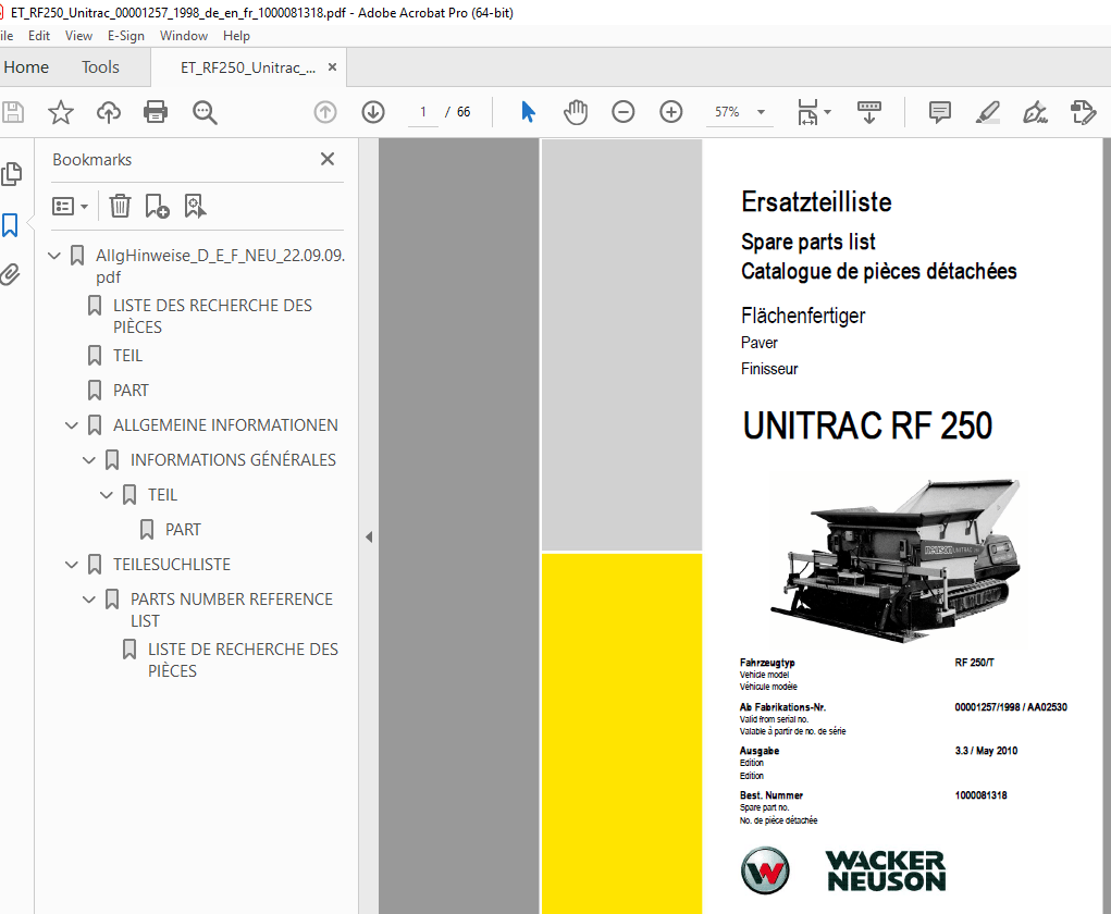 Wacker Neuson UNITRAC RF 250 Paver Excavator Parts Manual 1000081318 - PDF DOWNLOAD