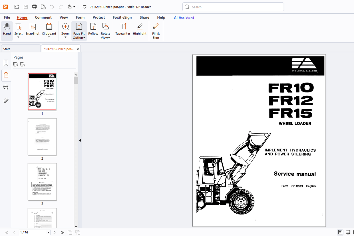 Fiatallis FR10 FR12 FR15 Wheel Loader(Implement Hydraulics Service Manual - PDF DOWNLOAD