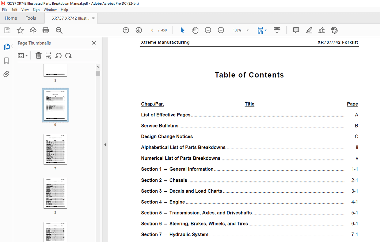 Xtreme XR737/742 Forward Reach Forklift Parts Breakdown Manual PDF