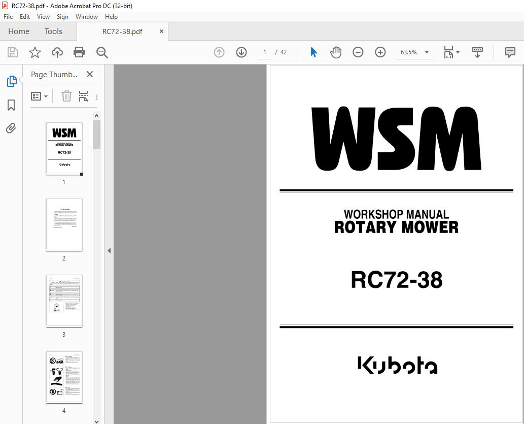 Kubota Rotary Mower RC72-38 Workshop Manual – PDF DOWNLOAD