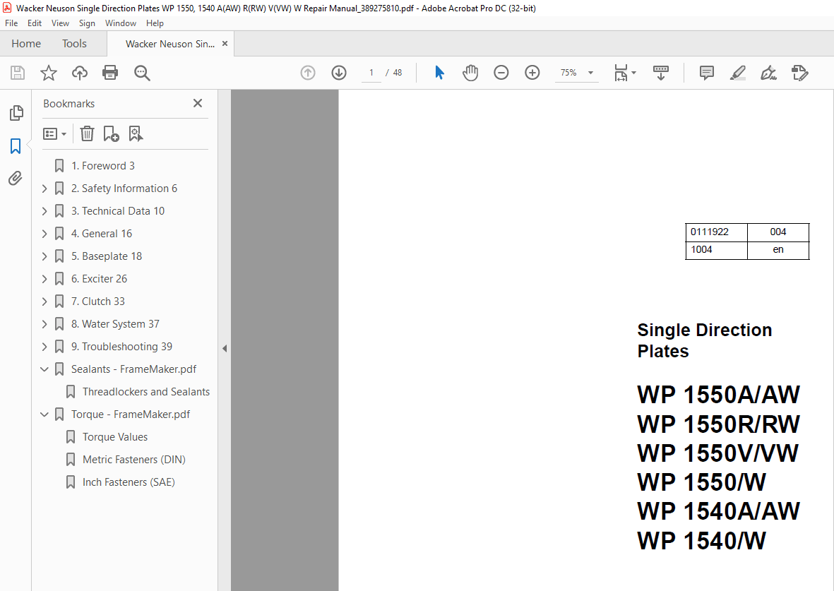 Wacker Neuson Single Direction Plates WP 1550A AW WP 1550R RW Repair Manual