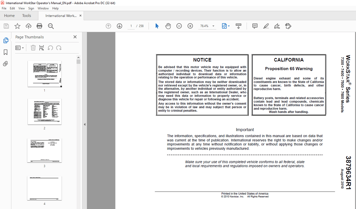 Navistar International Truck 7300 7400 7500 7600 WORKSTAR Series ...