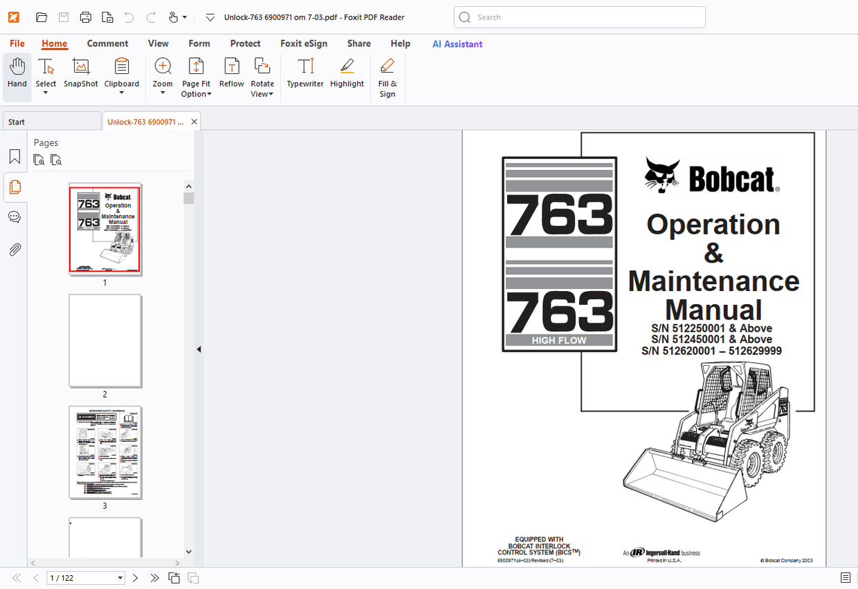 Bobcat 763 High Flow Operation & Maintenance Manual - PDF DOWNLOAD