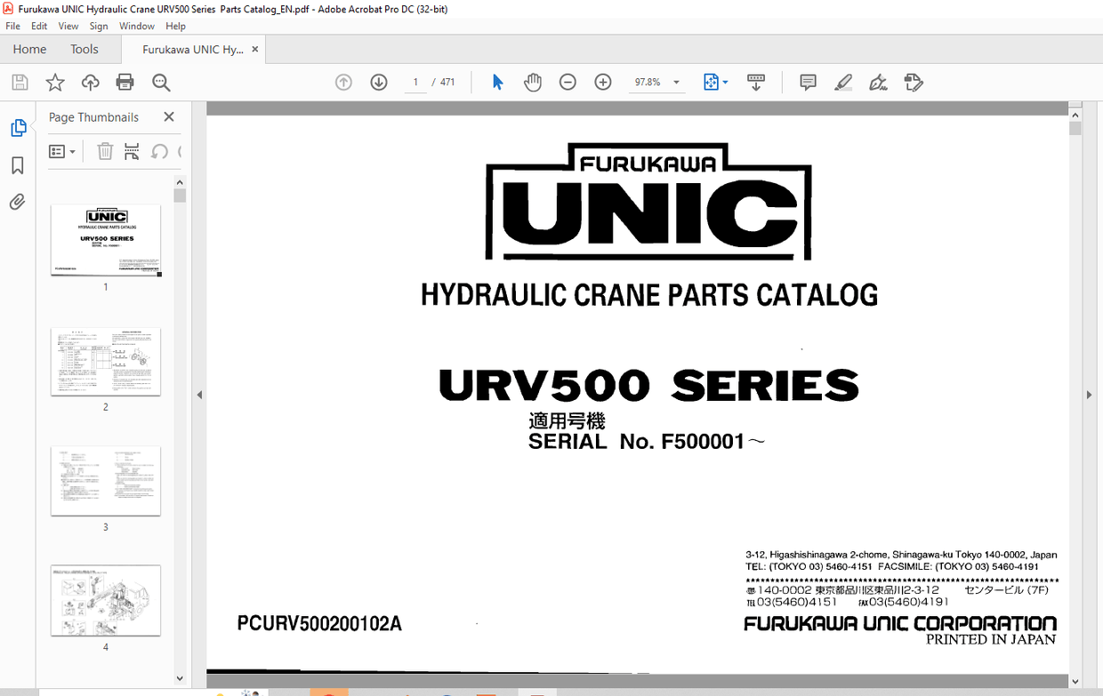 FURUKAWA UNIC URV500 SERIES Hydraulic Crane Parts Manual SN F500001 PDF DOWNLOAD