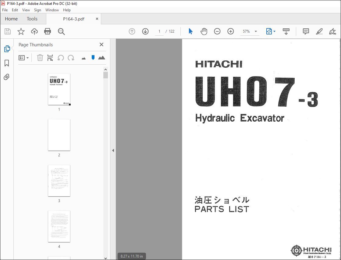 Hitachi Hydraulic Excavator UH07-3 Parts List Manual – PDF DOWNLOAD