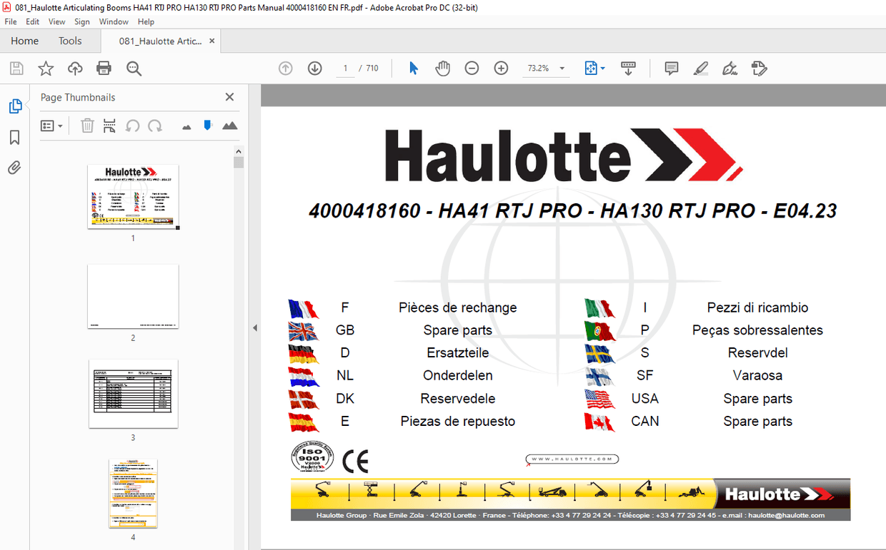 Haulotte Forklift HA41 RTJ PRO HA130 RTJ PRO Parts Manual – PDF DOWNLOAD