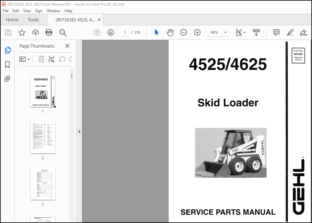 Gehl Skid Loader 4525 4625 Service Parts Manual(907263) – PDF DOWNLOAD