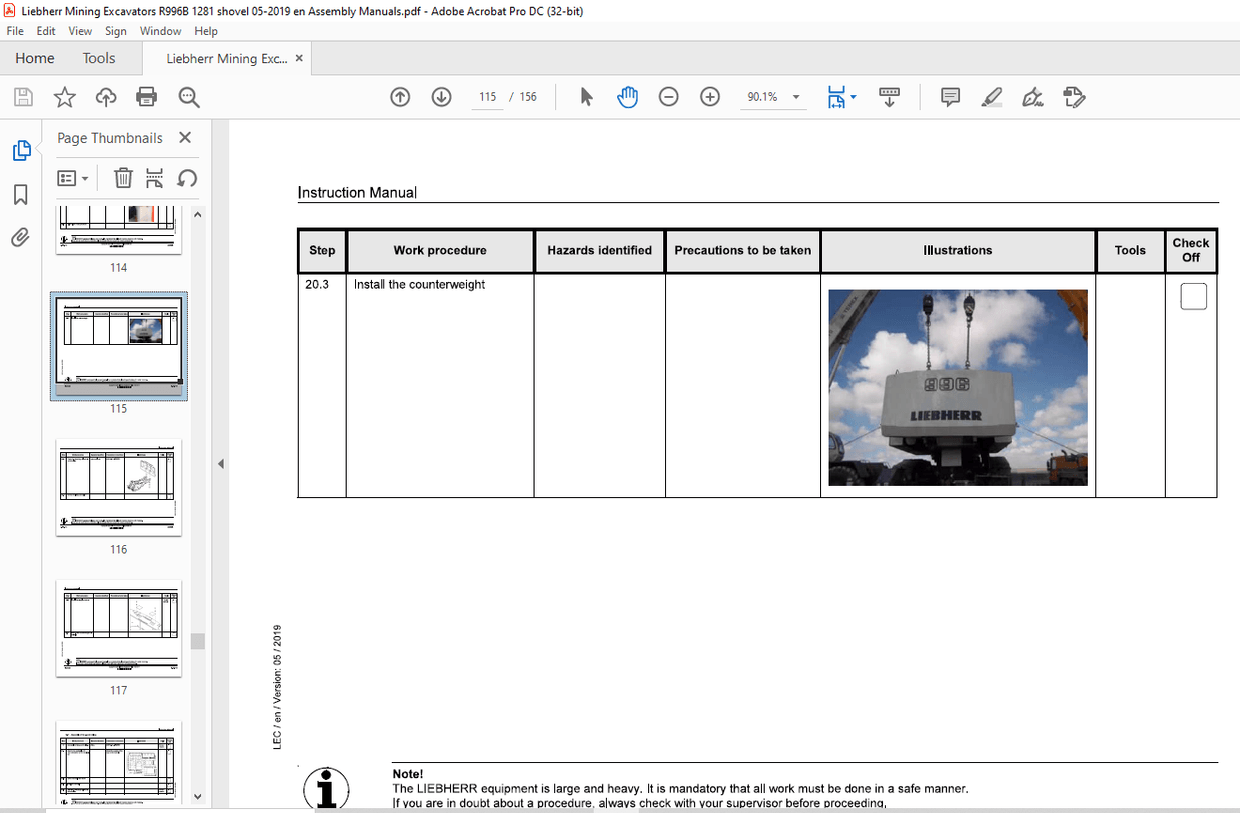 Liebherr R996B Hydraulic excavator Shovel attachment Assembly Manual ...