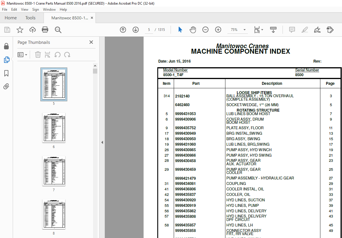 Manitowoc Crane 8500-1 Parts Manual SN 8501Ref – PDF DOWNLOAD