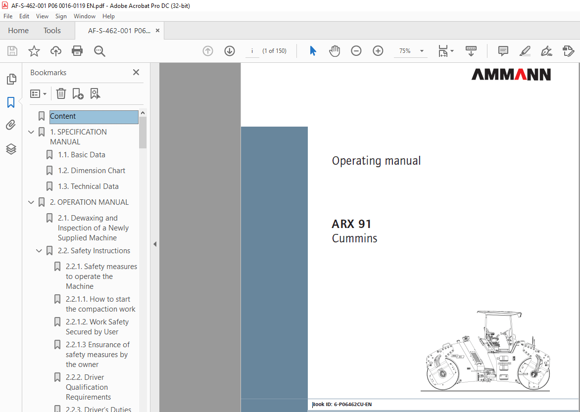 Ammann ARX 91 Tandem Roller Operating Manual 0016-0119 PDF