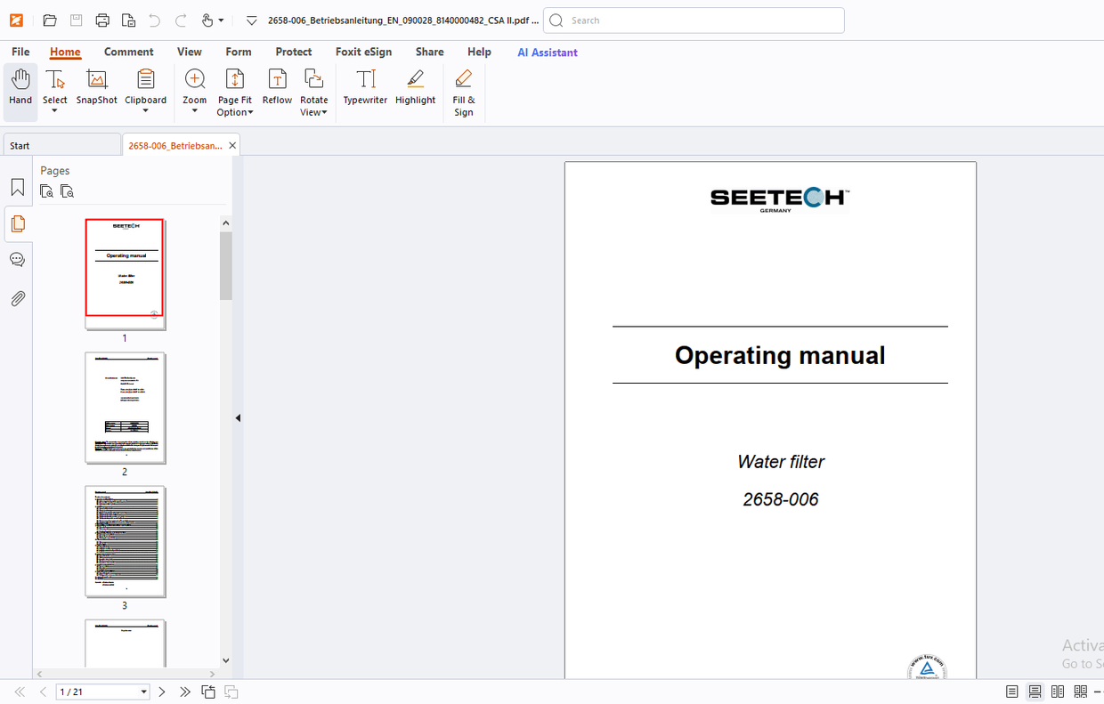 Seetech 2658-006 Water filter Operating manual - PDF DOWNLOAD