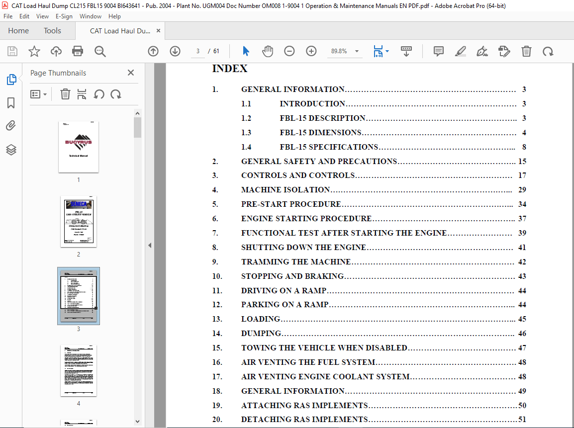 CAT Load Haul Dump FBL-15 LHD / UTILITY VEHICLE Operators Manual - PDF ...