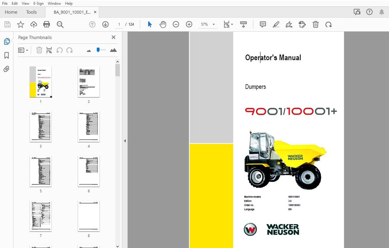 WACKER NEUSON 9001/10001+ DUMPER OPERATOR'S MANUAL 1000190361 - PDF DOWNLOAD