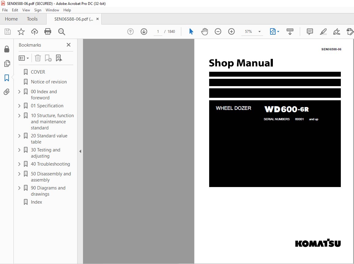 Komatsu WD600-6R Wheel Dozer Shop Manual SEN06588-06 – PDF DOWNLOAD