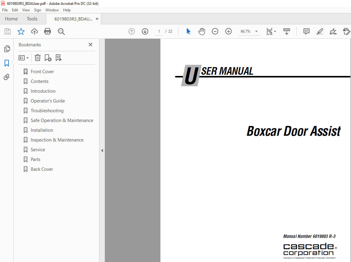 Cascade Boxcar Door Assist Service Manual 6019803 R-3 - PDF DOWNLOAD