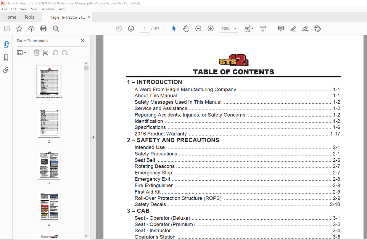 Hagie Hi-Tractor STS 12i Sprayer Technical Manual 493636 – PDF DOWNLOAD