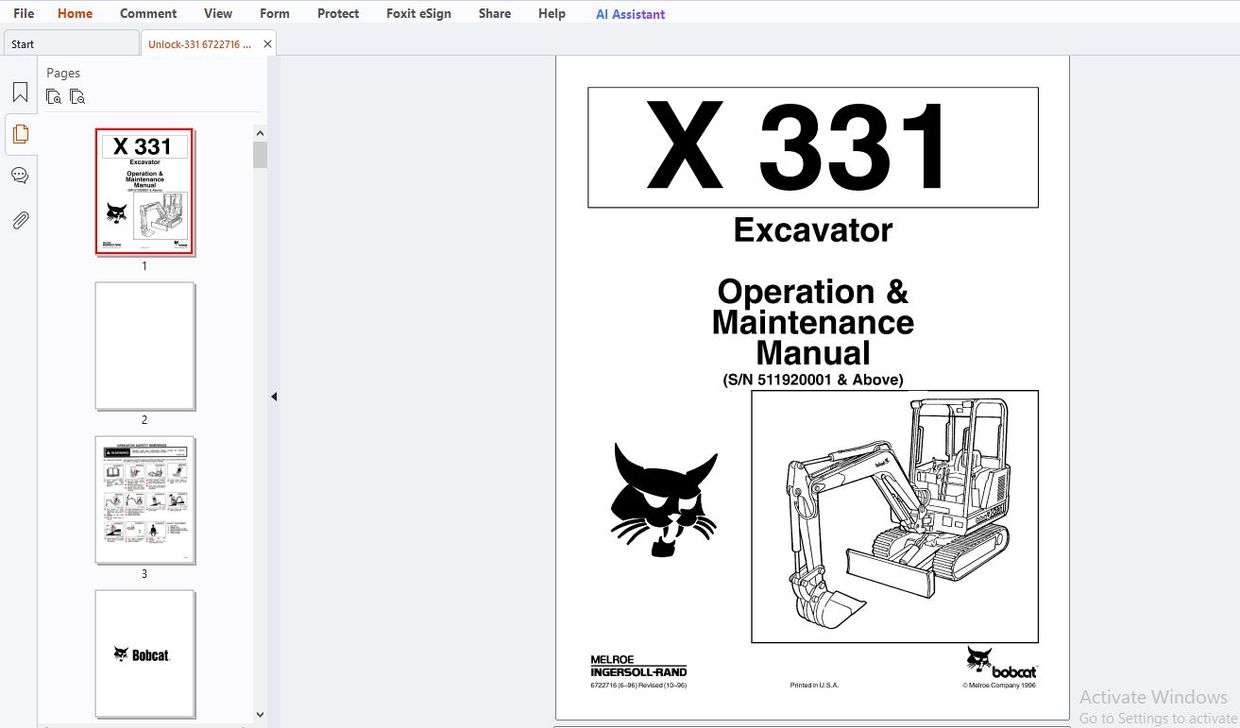 Bobcat X331 Excavator Operation & Maintenance Manual (SN 511920001 ...
