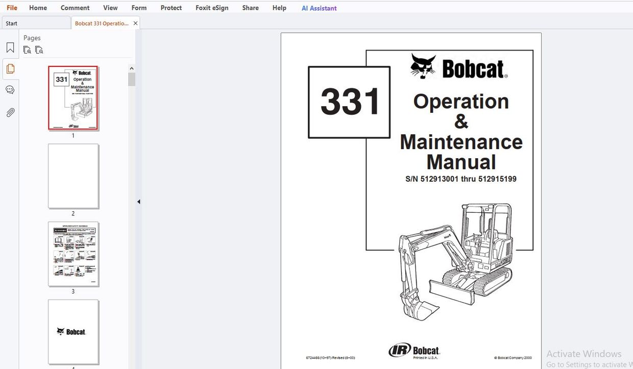 Bobcat 331 Operation & Maintenance Manual 6724466 – PDF DOWNLOAD