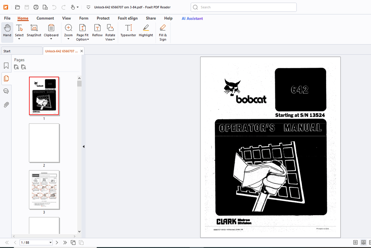 Bobcat 642 Operators Manual - PDF DOWNLOAD