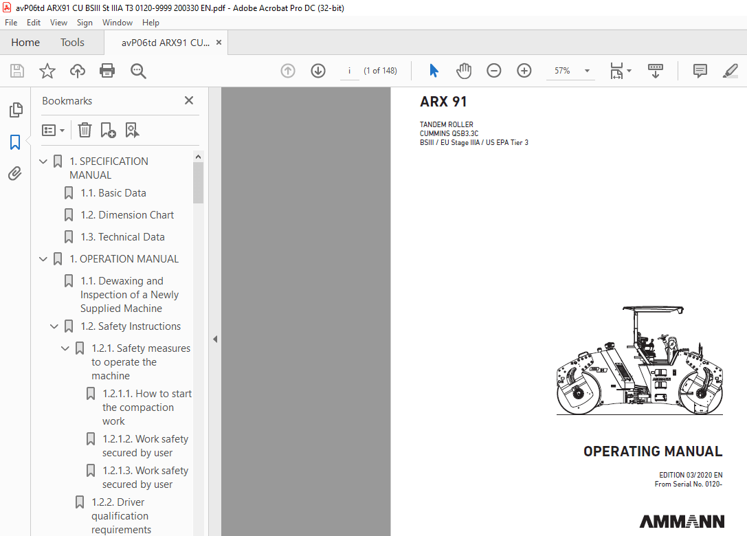 Ammann ARX 91 Tandem Roller Operating Manual 0120 PDF