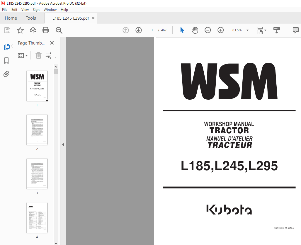 Kubota Tractor L185 L245 L295 Workshop Manual EN_FR – PDF DOWNLOAD