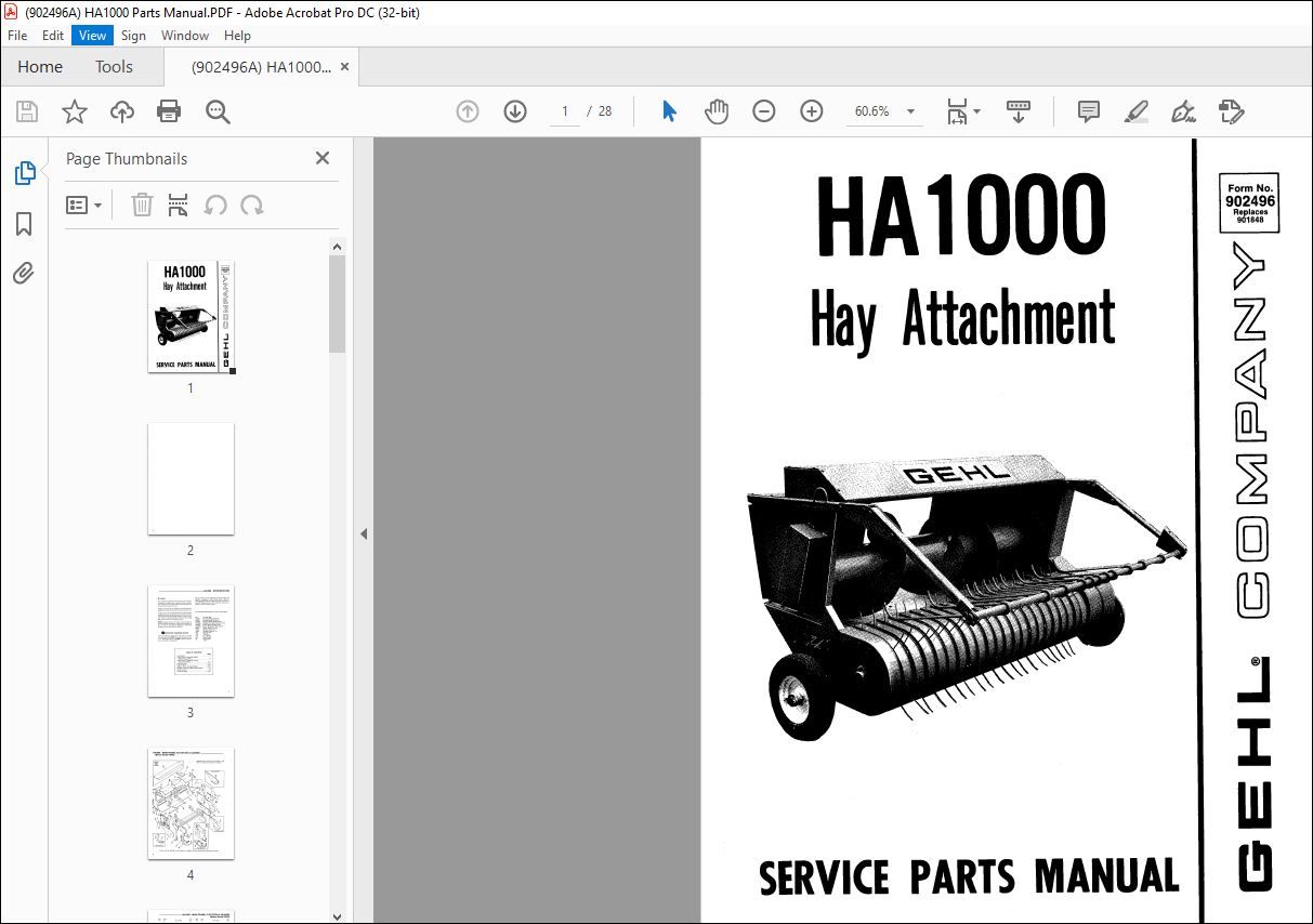 Gehl HA1000 Hay Attachment Service And Parts Manual(902496) – PDF DOWNLOAD