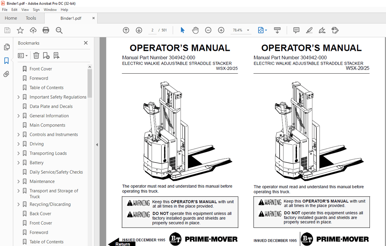 BT Forklift WSX20/25 Operator’s Manual- PDF DOWNLOAD