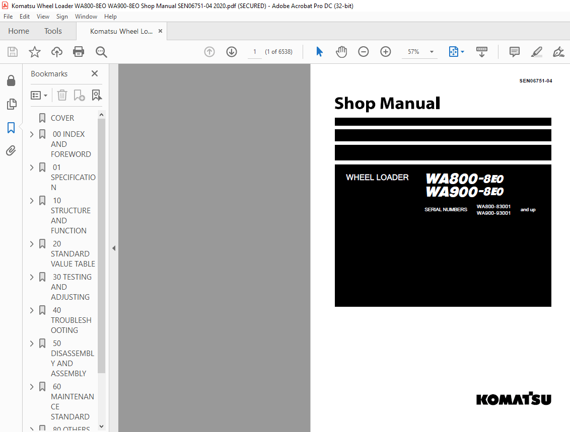 Komatsu WA800-8E0 WA900-8E0 Wheel Loader Shop Manual SEN06751-04 – PDF ...