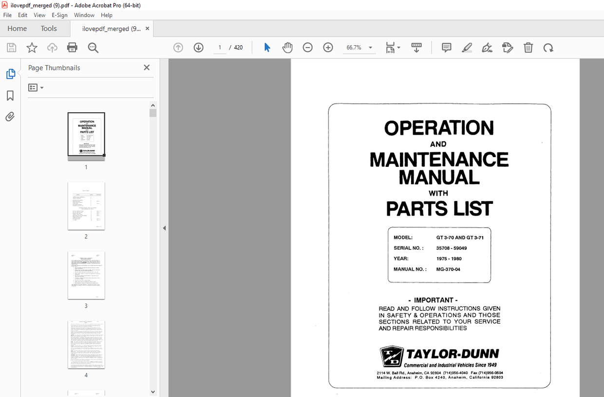 Taylor-Dunn GT 3-70 & GT 3-71 Operation Maintenance With Parts Manual S ...