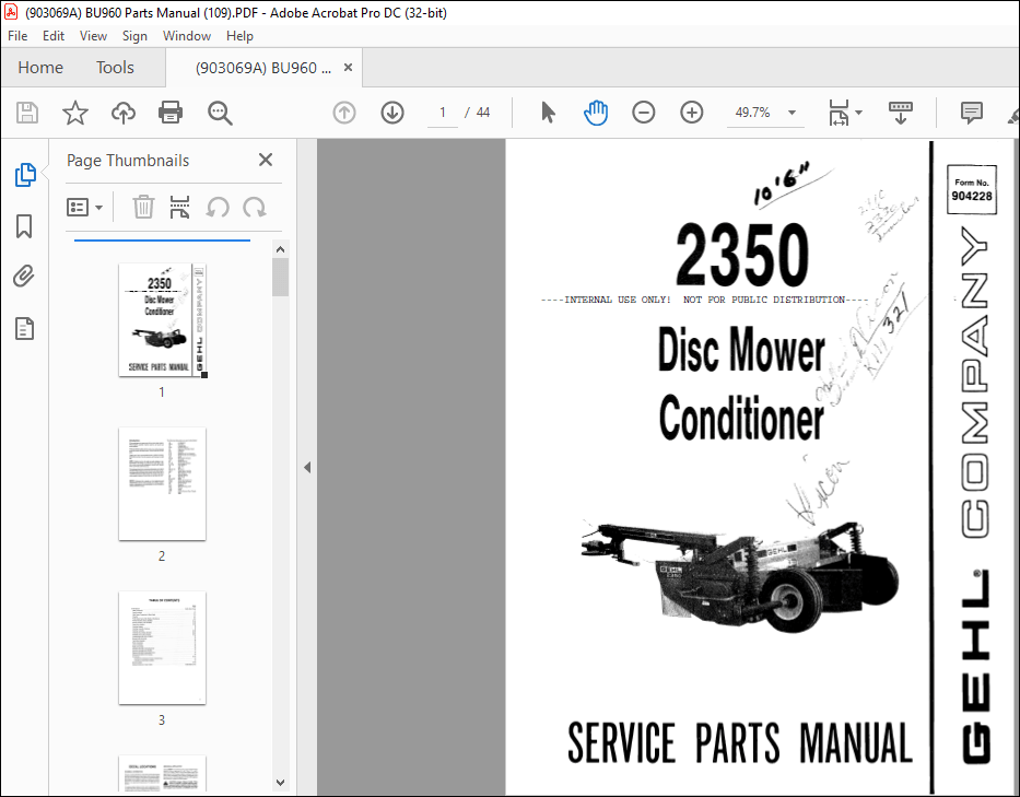 Gehl 2350 Disc Mower Conditioner Service Parts Manual(904228) – PDF ...