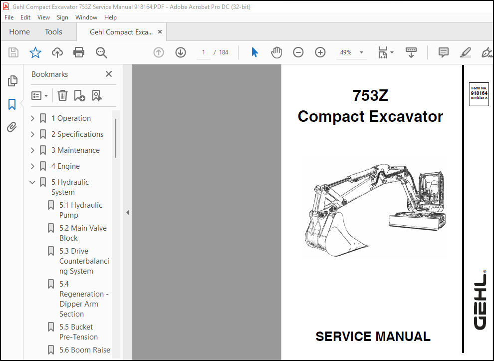 Gehl 753Z Compact Excavator Service Manual 918164 – PDF DOWNLOAD