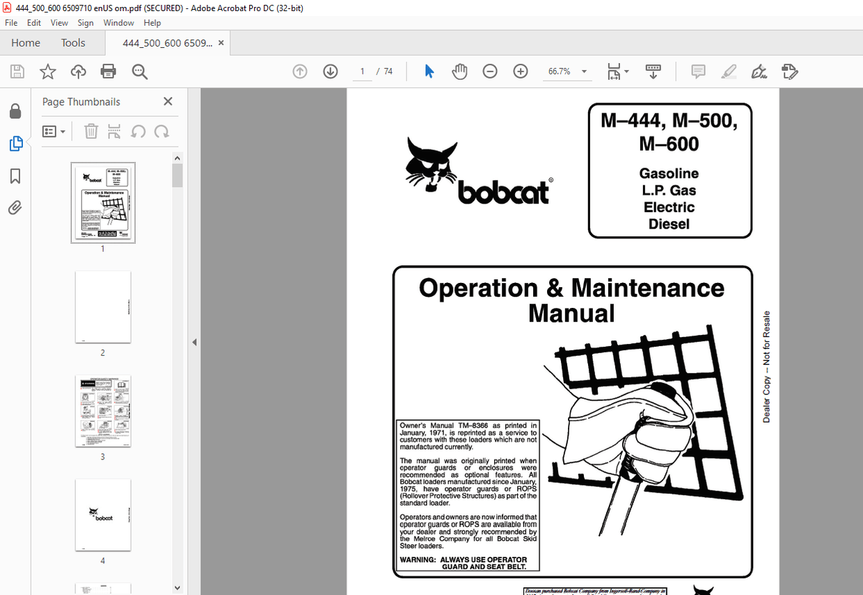 Bobcat M-444 M-600 Gasoline L.P.Gas Electric Diesel Loader Operation & Maintenance Manual 6509 - PDF