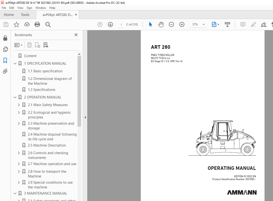 AMMANN ART 280 PNEU TYRED ROLLER OPERTING MANUAL 3021982 - PDF DOWNLOAD