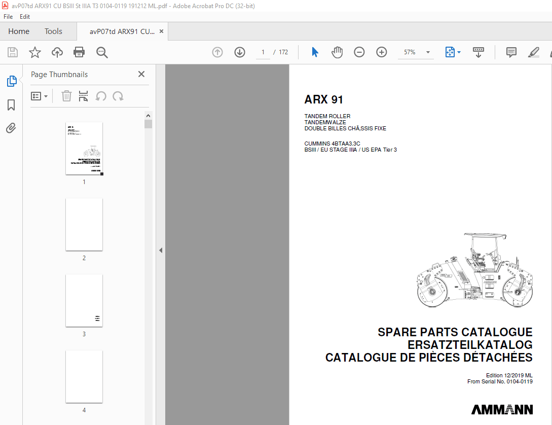 Ammann ARX 91 Tandem Roller Parts Manual 0104-0119 PDF