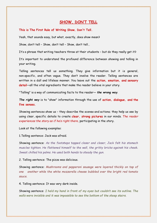 Show Don't Tell!!! - Creative Writing Practice Questio Show Don't Tell!!! - Creative Writing Practice Questio