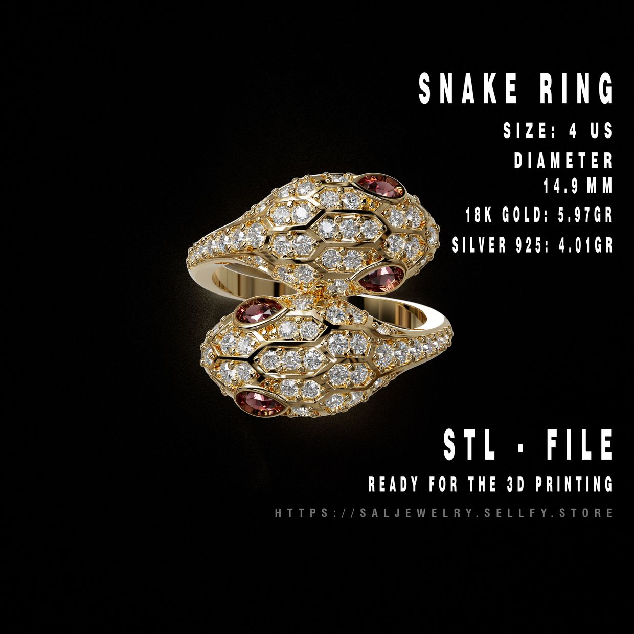 Couple Snake Ring 3D Design – STL Jewelry File for Printing