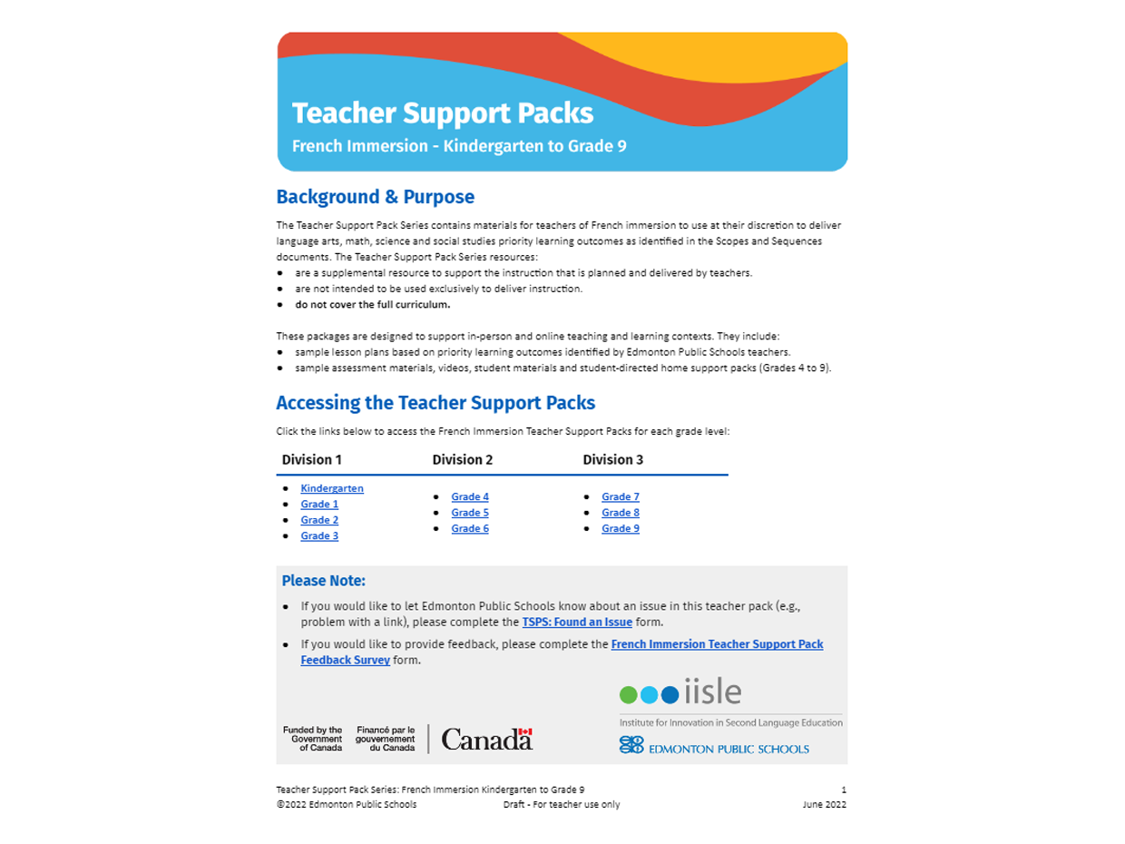 Teacher Support Packs - French Immersion - Kindergarten to Grade 9