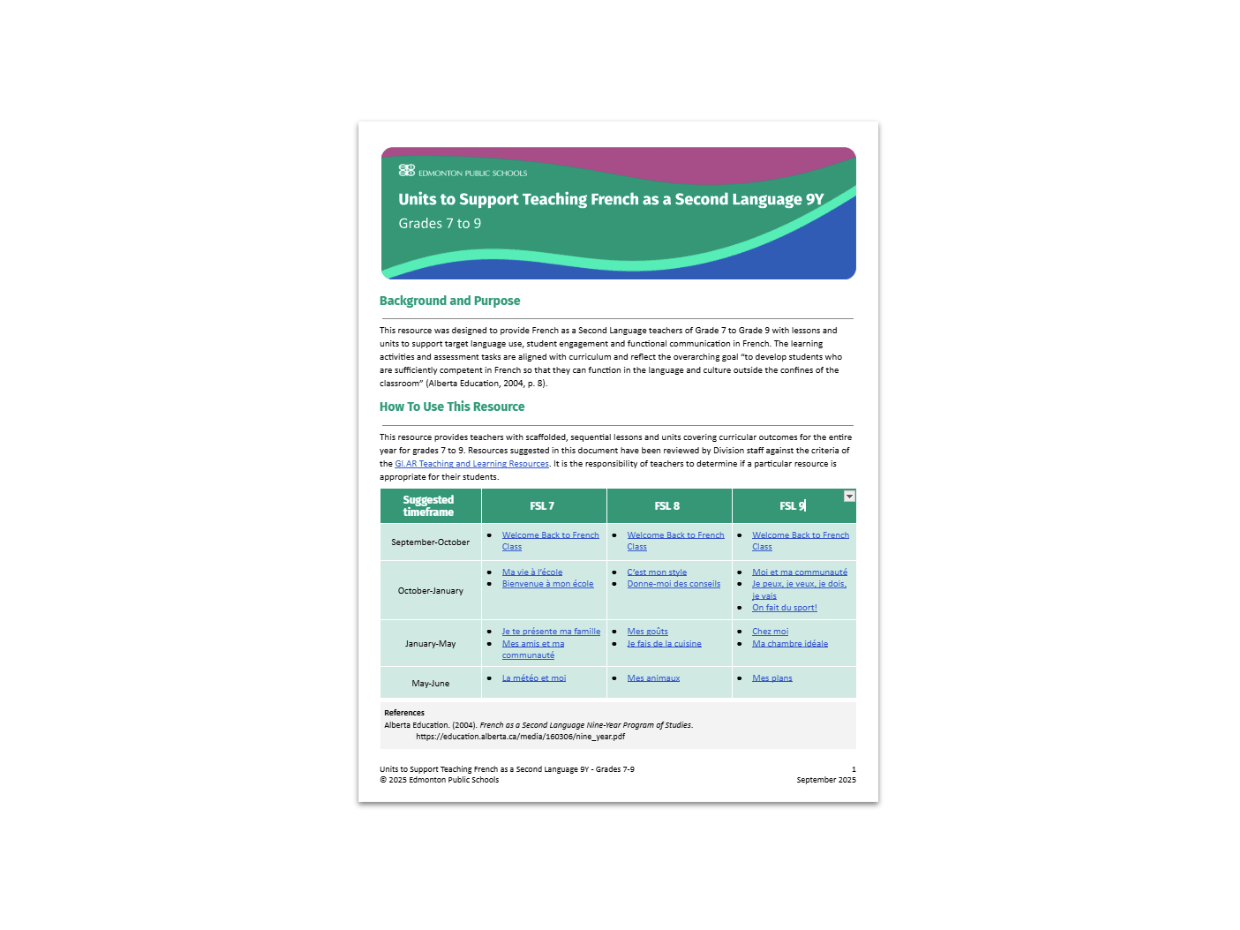 Units to Support Teaching French as a Second Language 9Y - Grades 7-9