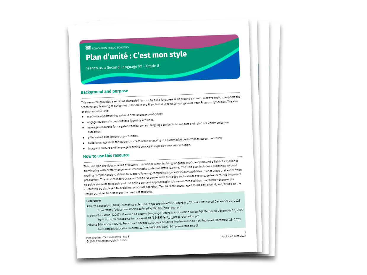 Plan d'unité : C'est mon style - Grade 8 FSL