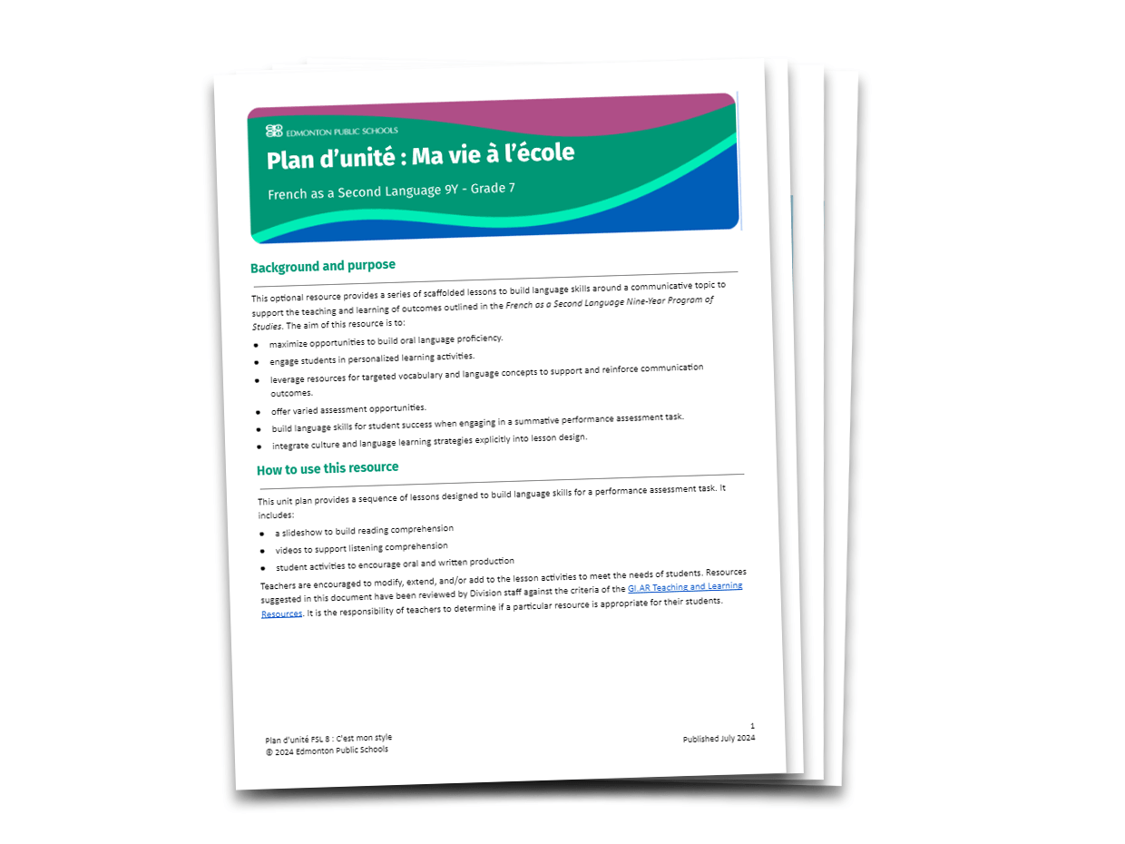 Plan d'unité : Ma vie à l'école - Grade 7 FSL