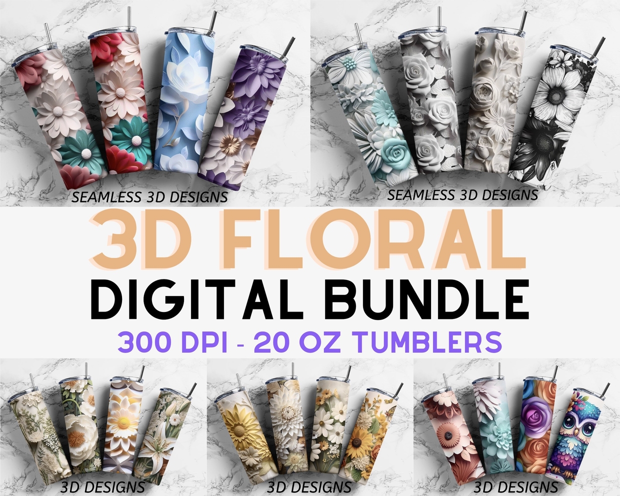 3D Floral Patterns Bundle, 20+ sublimation designs Tumbler Design ...