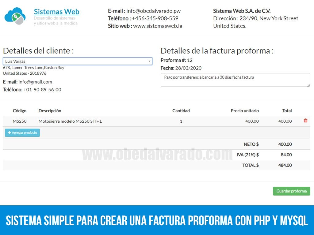 Sistema simple para crear una factura proforma con PHP y MySQL