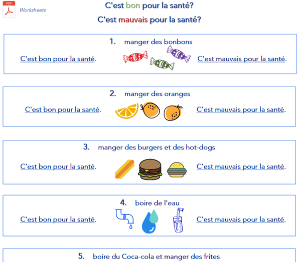 L' Alimentation Saine (Healthy Eating) Worksheets