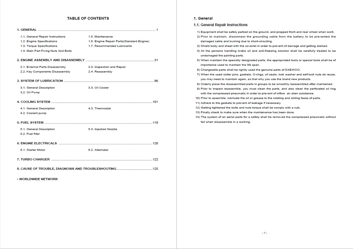 Doosan Daewoo Shop Manual DB58, DB58T, DB58TI Diesel Engine 65.99892 ...