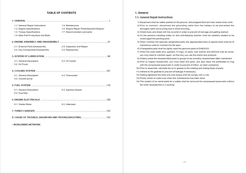 Doosan Daewoo Shop Manual DB58, DB58T, DB58TI Diesel Engine 65.99892 ...