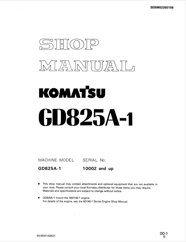 Komatsu Shop Manual GD825A-1 10002 and up Motor Grader SEBM02350106 English