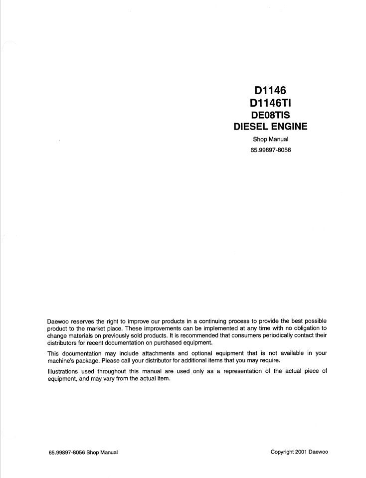 Doosan Daewoo Shop Manual D1146, D1146TI, DE08TIS Diesel Engine 65. ...