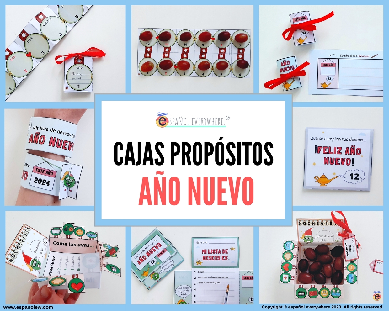 💻 CAJAS AÑO NUEVO 🎉 Actividades con Propósitos · Números 🎯 Oraciones SVO